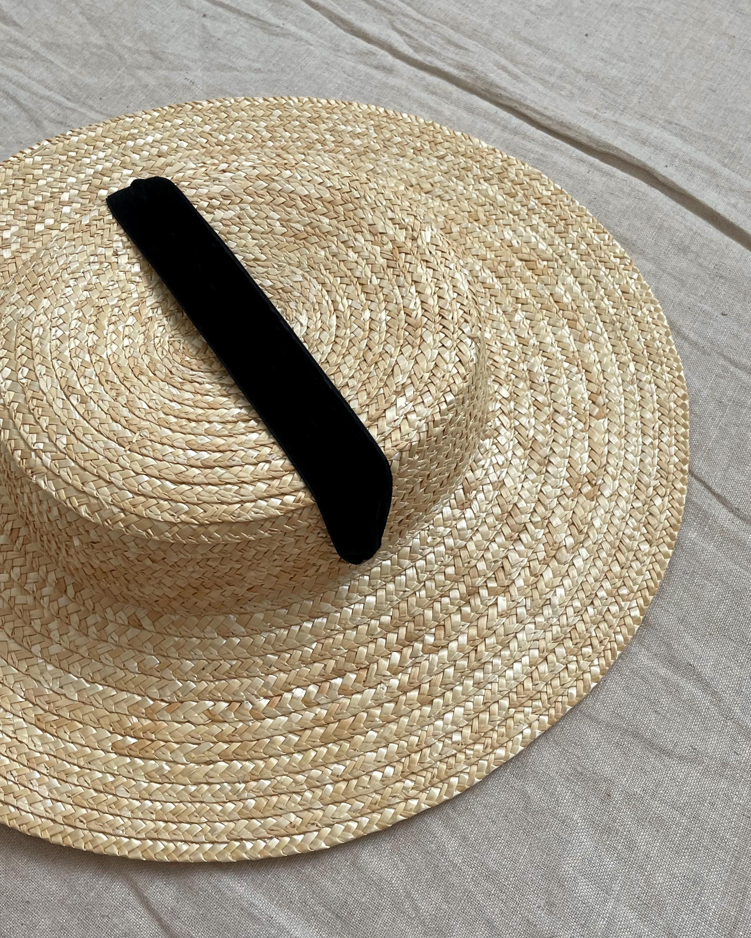 Vintage Style Natural Straw Hat With Velvet Tapes | Retro Style Boater ...