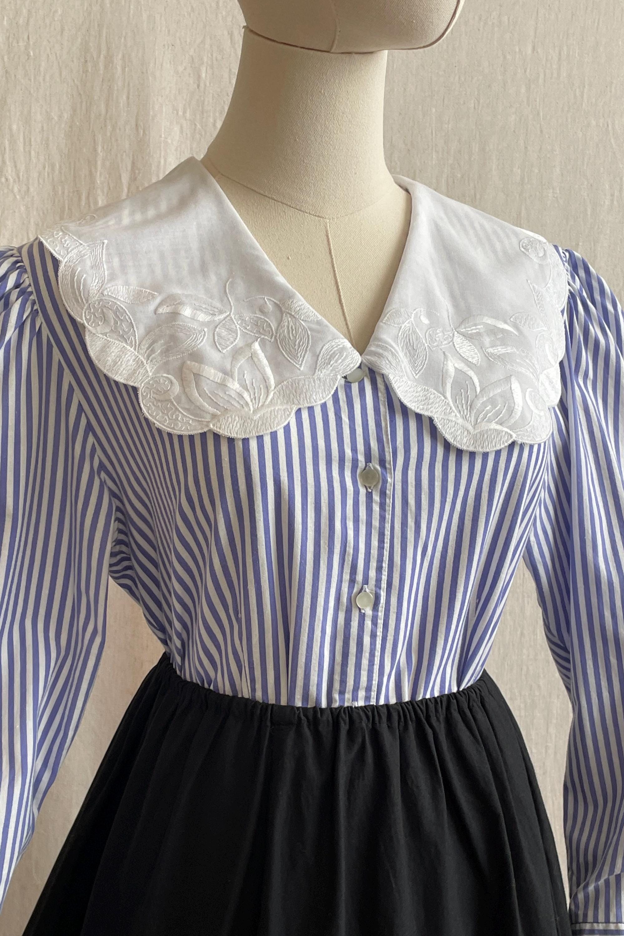 Vintage Striped Blouse With White Lace Collar and Puff Sleeves | Retro ...