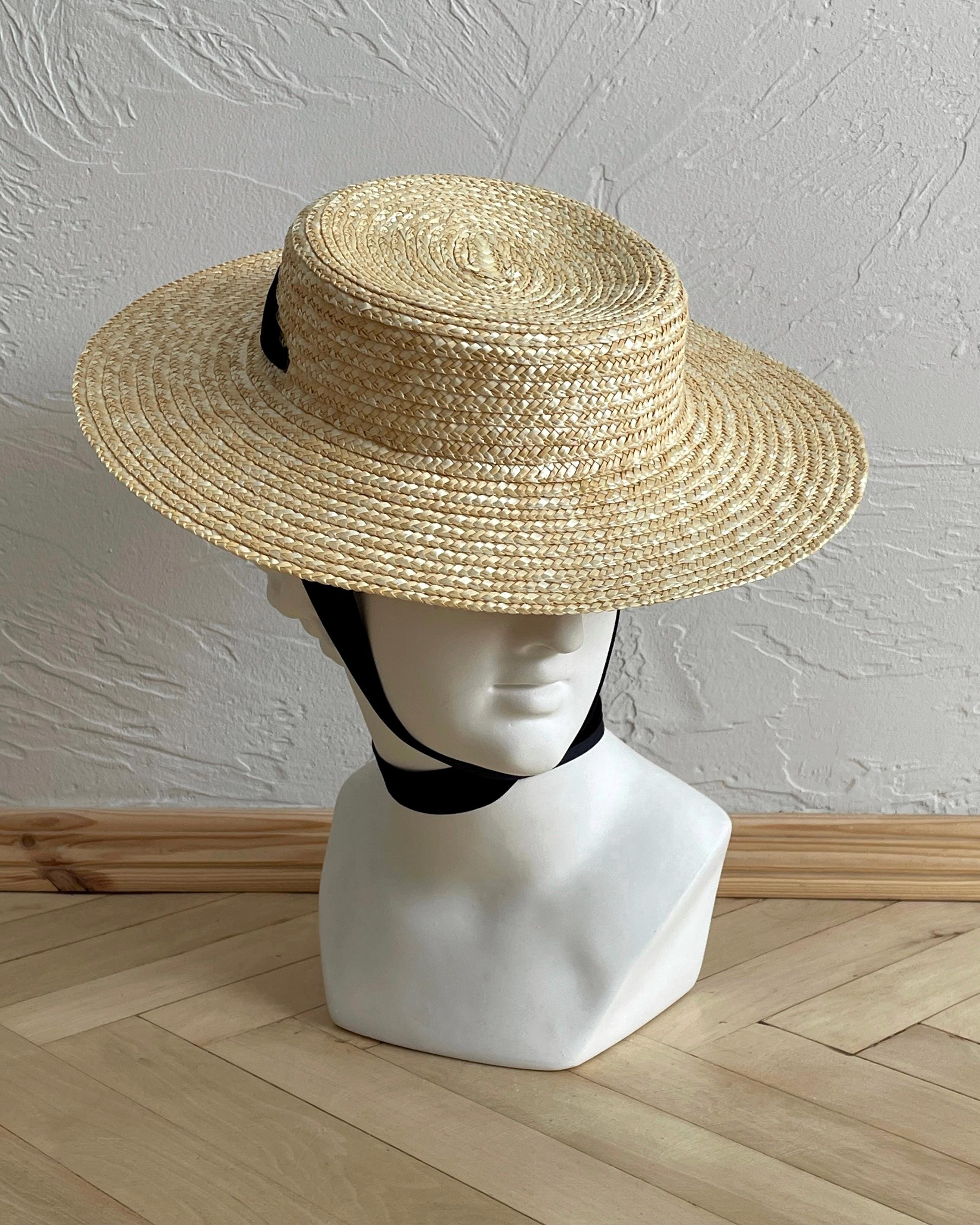 Vintage Style Natural Straw Hat With Velvet Tapes | Retro Style Boater ...