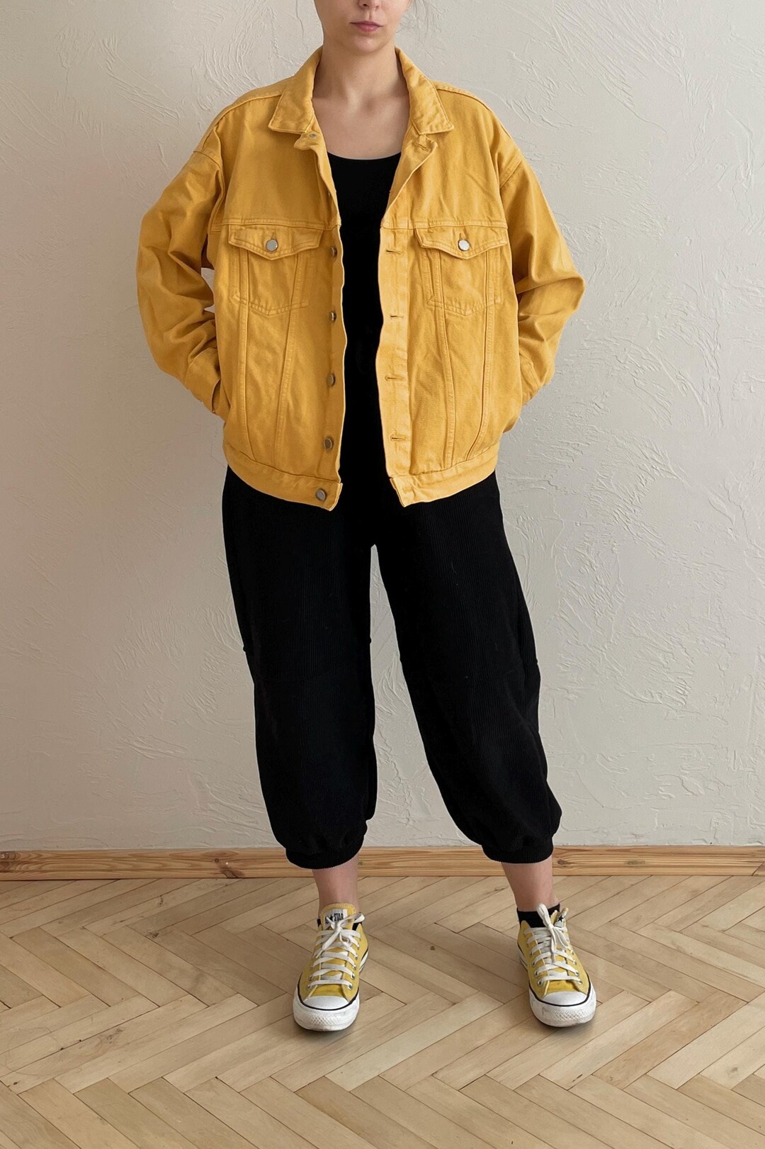 Vintage Yellow Denim Jacket | Retro Style Jeans Jacket With Pockets ...