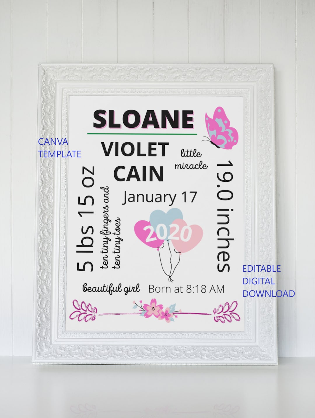 Baby Birth Stats Template Canva Digital Print, Personalized Newborn ...