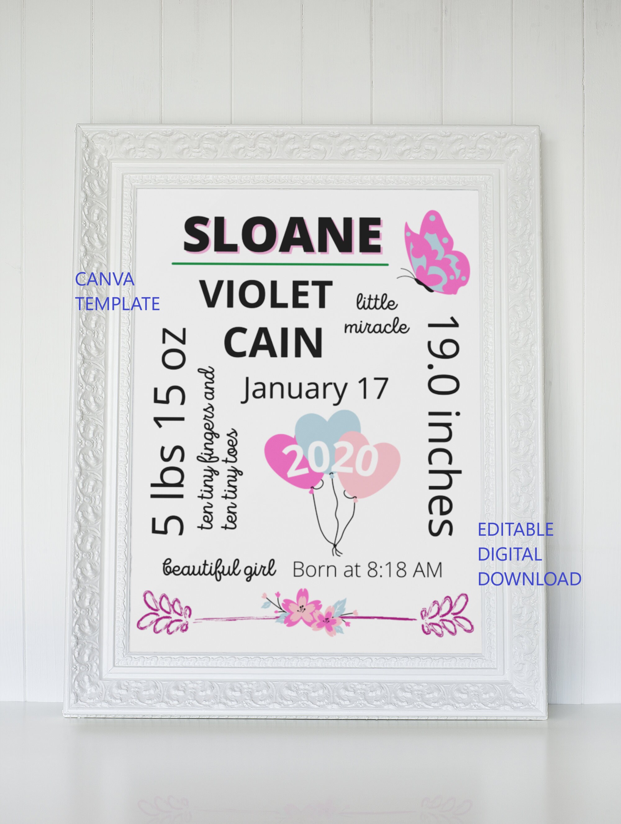 Baby Birth Stats Template Canva Digital Print, Personalized Newborn ...