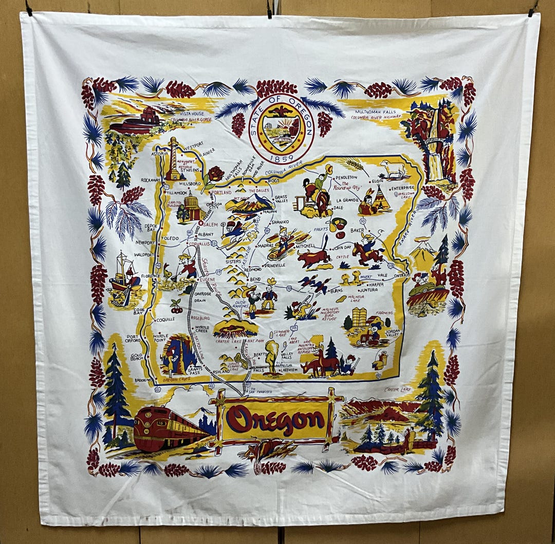 Vintage Oregon State Souvenir Map Tablecloth 52" X 50" No Rips Tears or ...