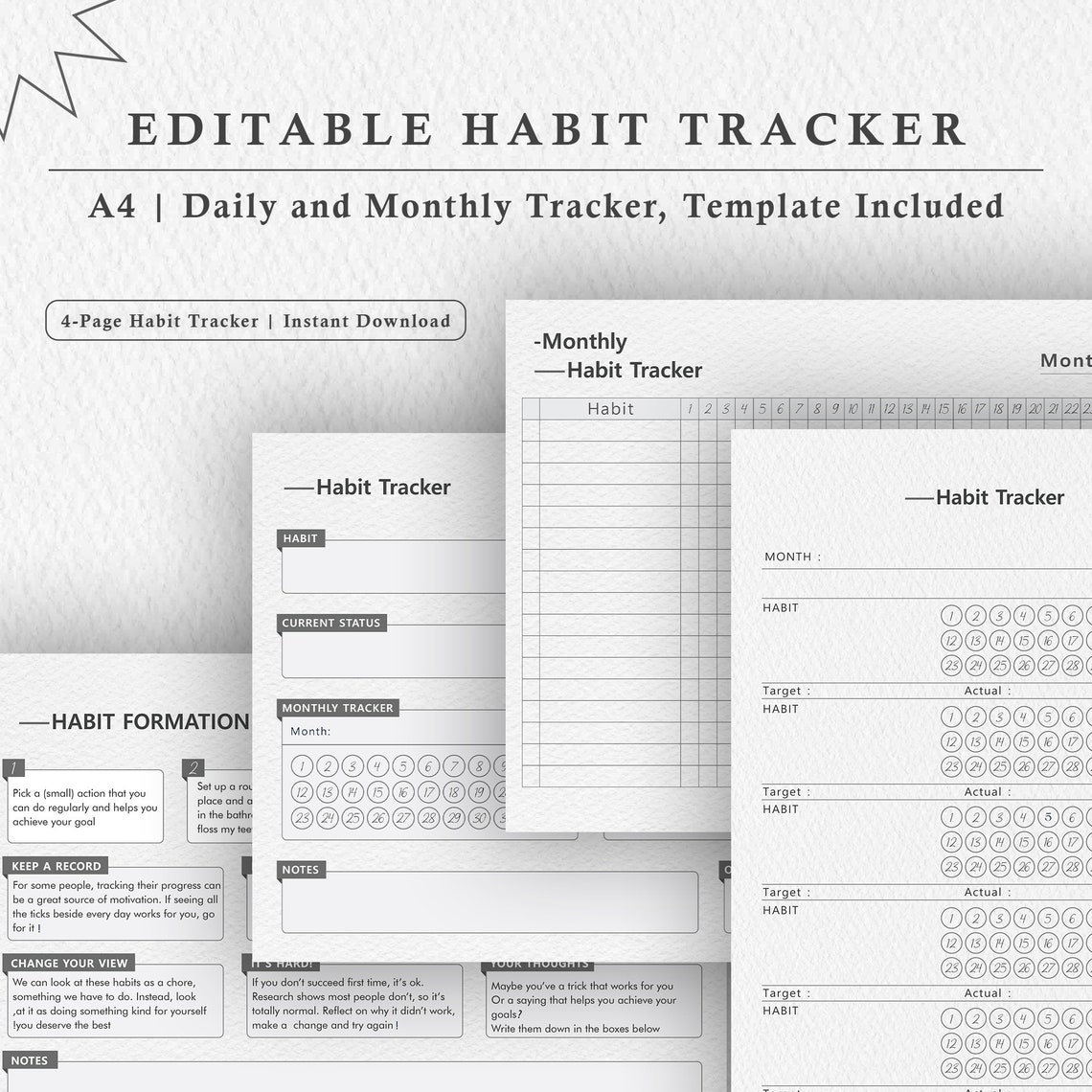Printable Daily/monthly Habit Tracking Template A4 PDF, 4 Pages Habit ...