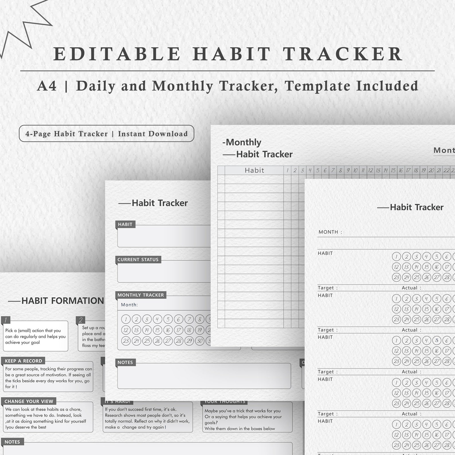 Printable Daily/monthly Habit Tracking Template A4 PDF, 4 Pages Habit ...
