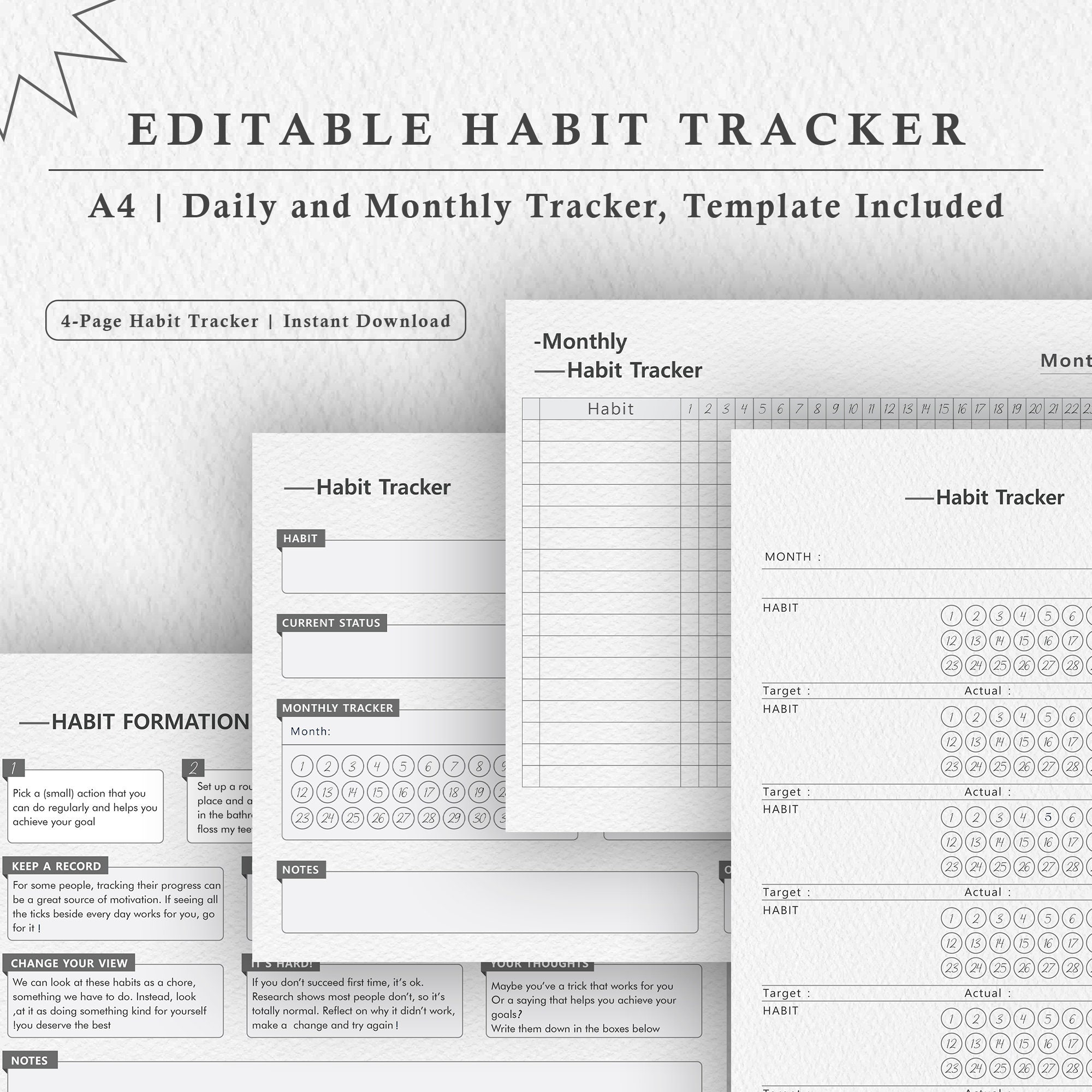 Printable Daily/monthly Habit Tracking Template (A4 PDF, 4 Pages ...
