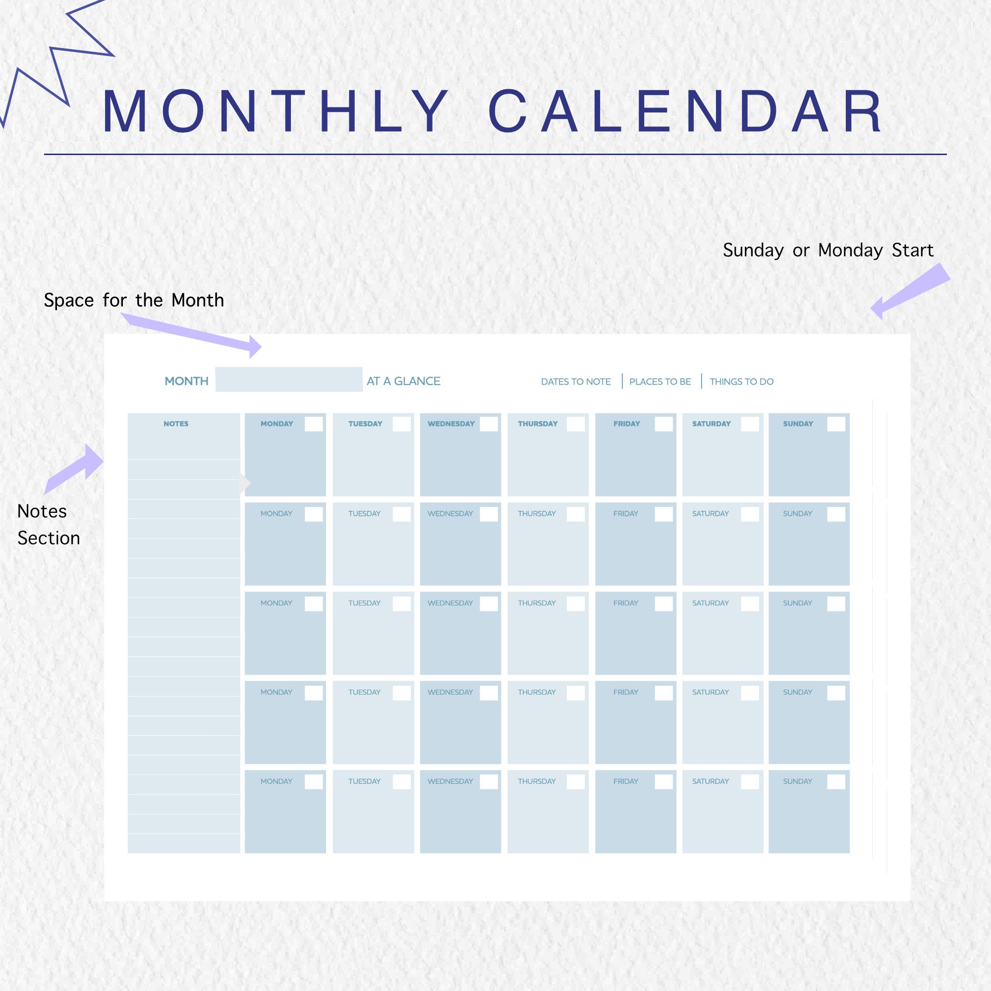 Printable Monthly Calendar, Instant Download, Sunday and Monday Start ...