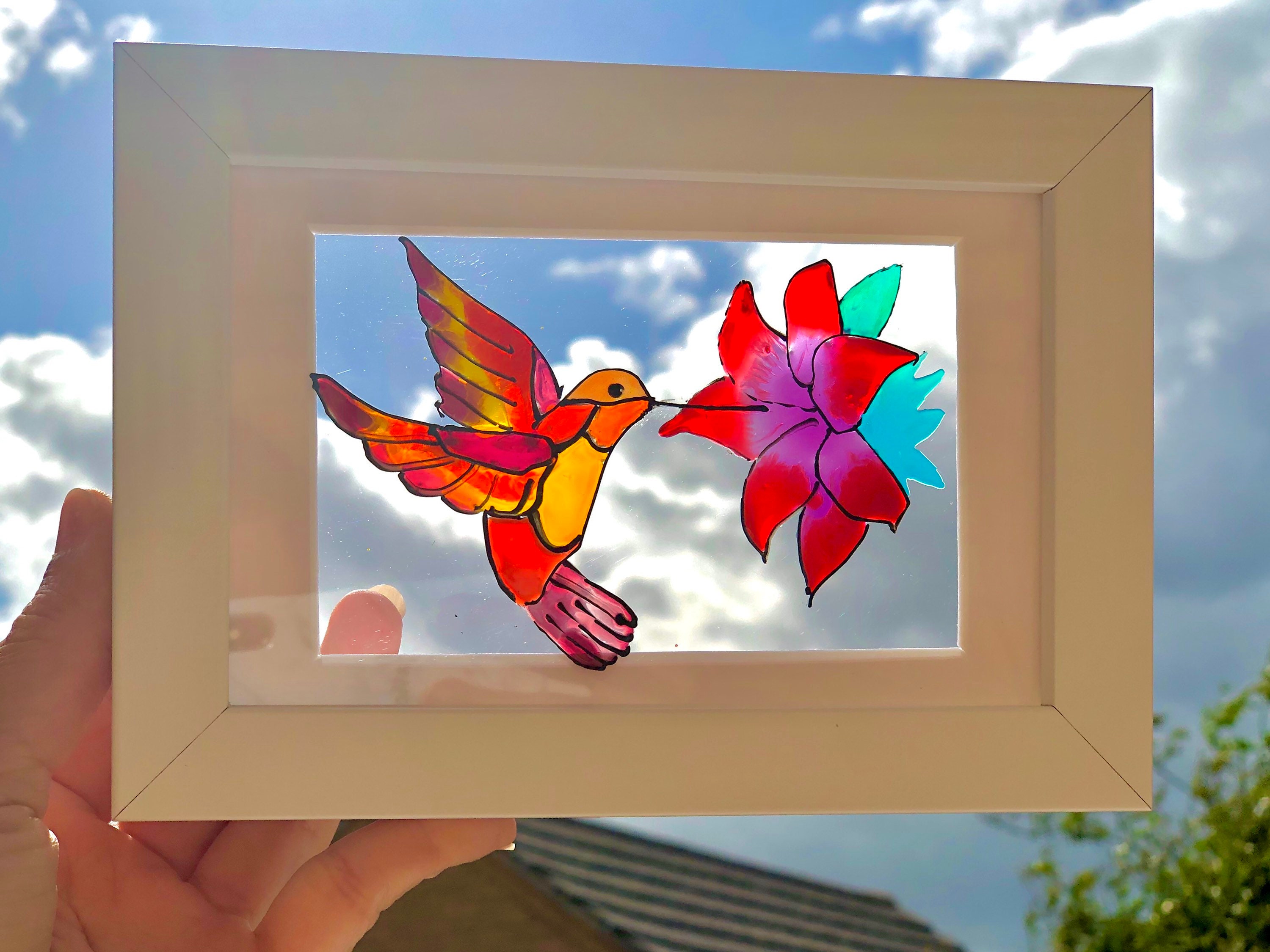 Hummingbird Glass Suncatcher, Bird Decor, Humming-bird Flower Art Glass ...