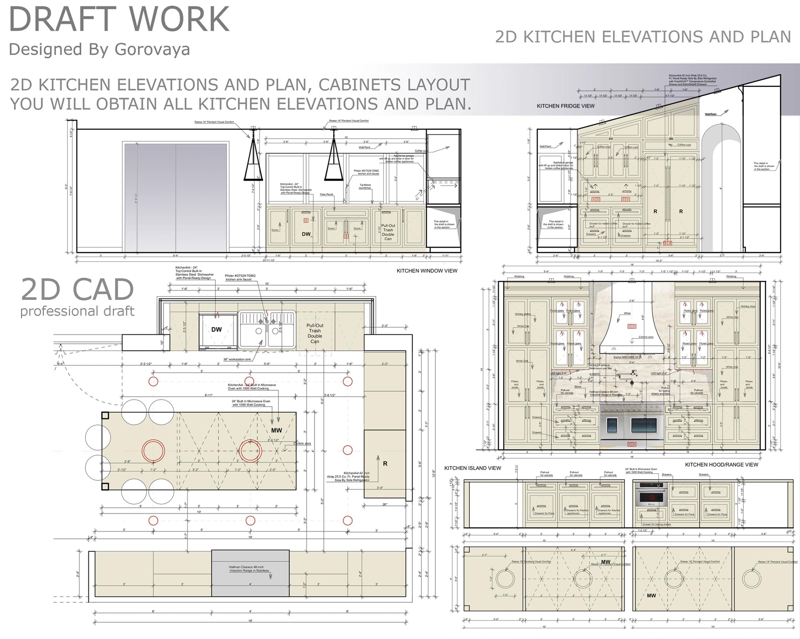 Complex Kitchen Cabinet Layout Draft, 2D Custom Kitchen Design, Cabinet ...