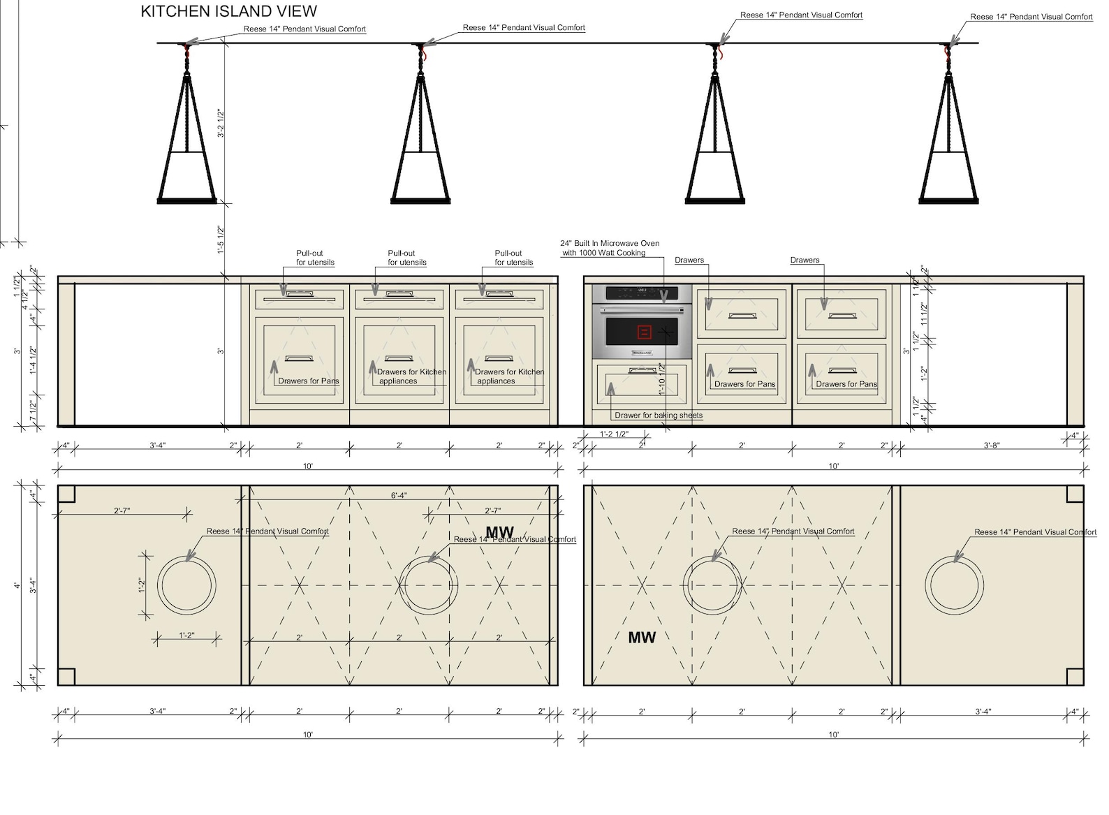 Complex Kitchen Cabinet Layout Draft, 2D Custom Kitchen Design, Cabinet ...