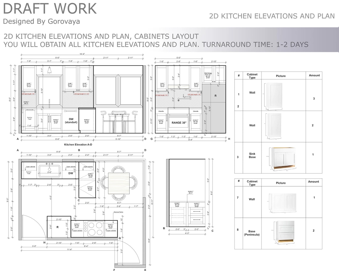 Kitchen Cabinet Layout Draft, 2D Custom Kitchen Design, Cabinet Layout ...