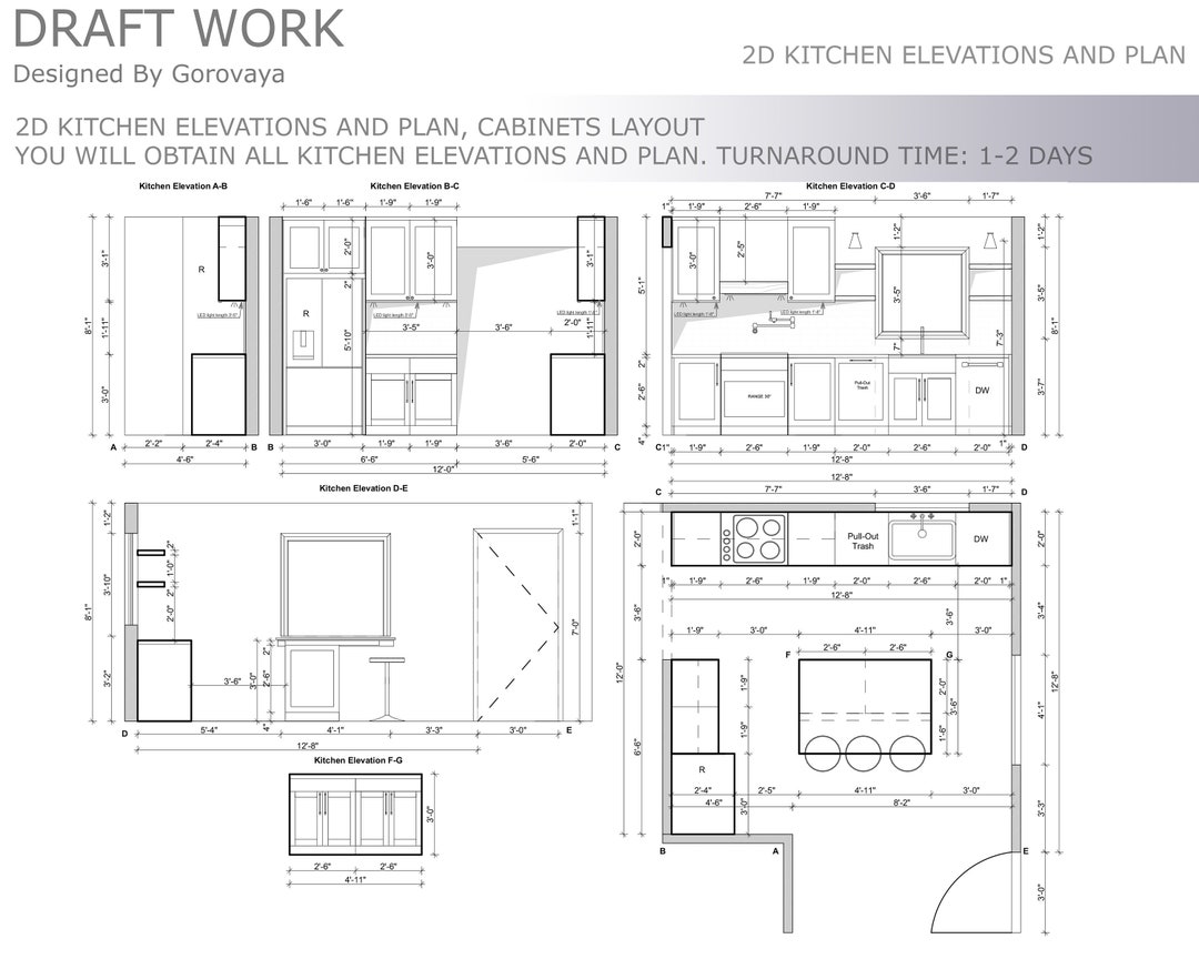 Kitchen Cabinet Layout Draft, 2D Custom Kitchen Design, Cabinet Layout ...