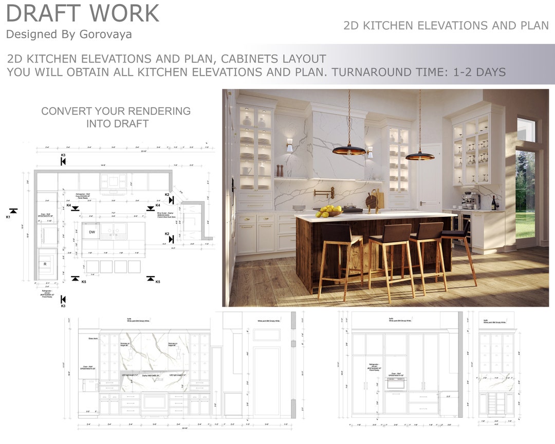 Complex Kitchen Cabinet Layout Draft, 2D Custom Kitchen Design, Cabinet ...