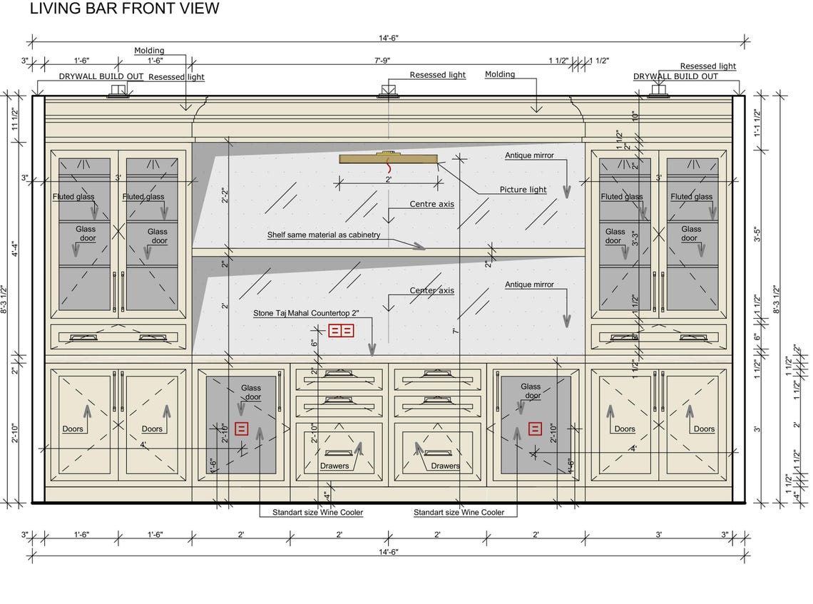 2D Bar Elevation, Kitchen Bar Area Draft, 2D Custom Bar Cabinet Set-up ...