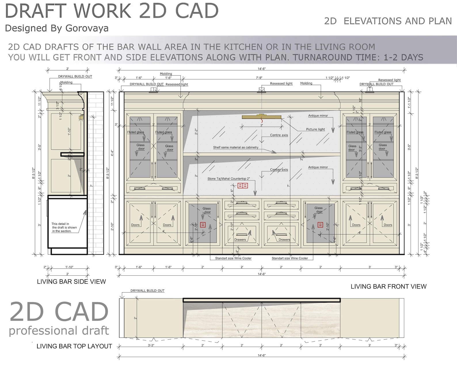 2D Bar Elevation, Kitchen Bar Area Draft, 2D Custom Bar Cabinet Set-up ...