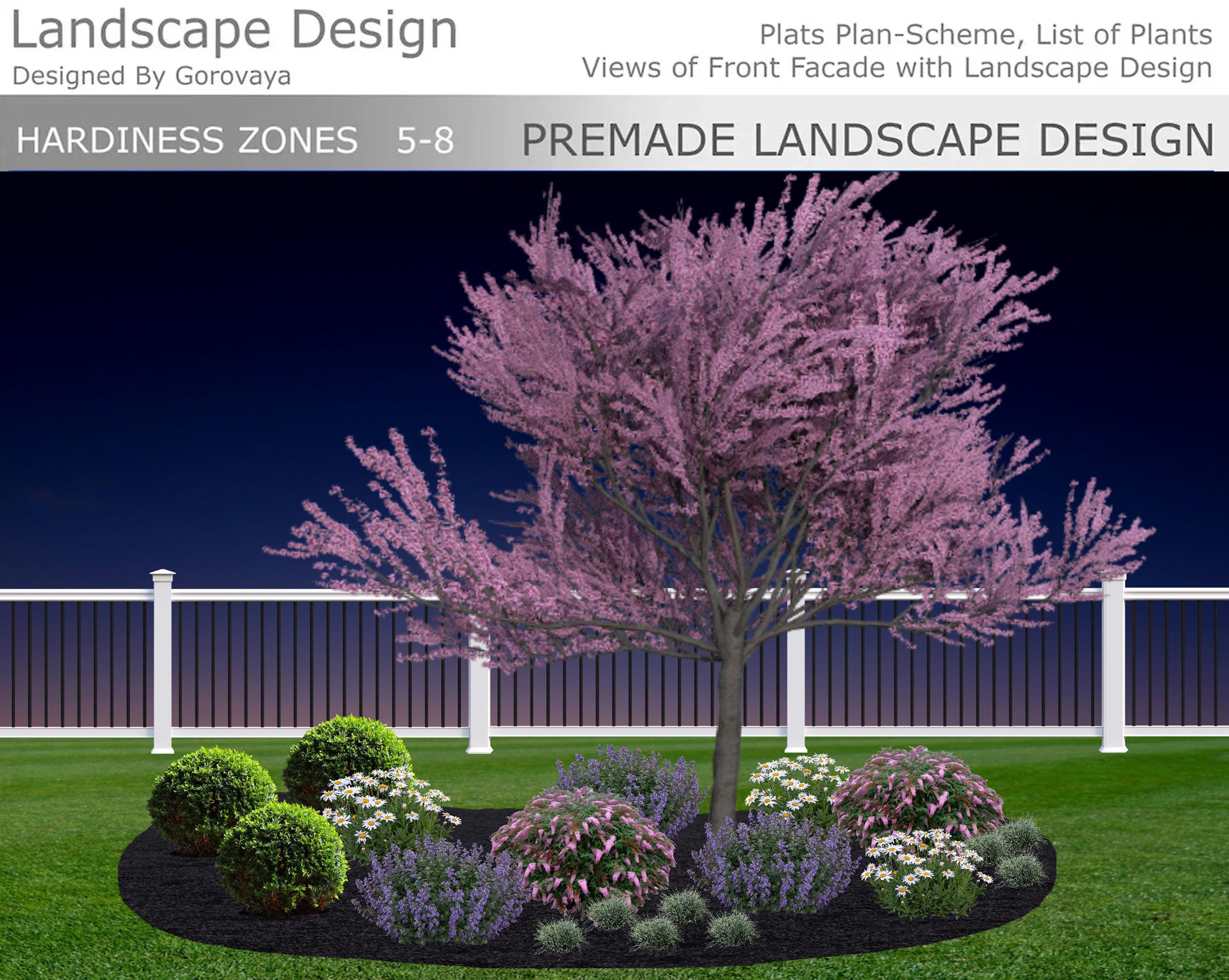 Premade Front Yard Landscape Design With Redbud Tree, Zones 5-8 Garden ...