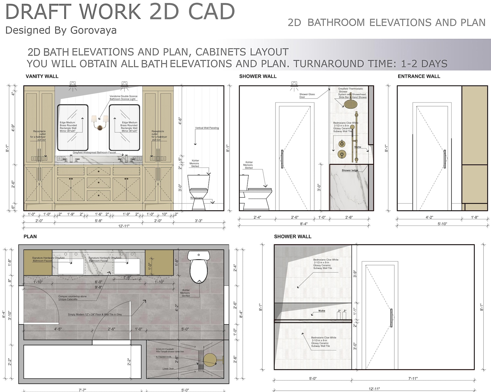 2D Master Bathroom, 2D CAD Cabinet Design, Bathroom Custom Draft, Bath ...