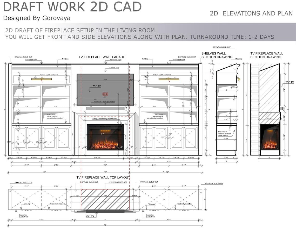 Living Room TV Wall Draft, 2D Custom Living Room Design, Cabinet Layout ...