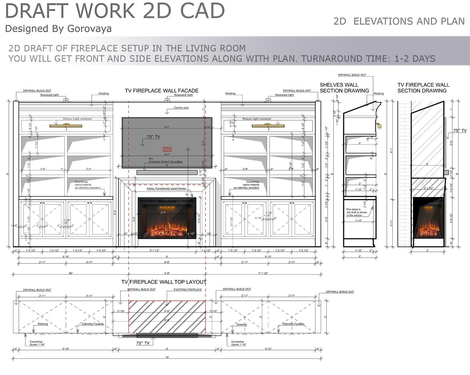 Living Room TV Wall Draft, 2D Custom Living Room Design, Cabinet Layout ...