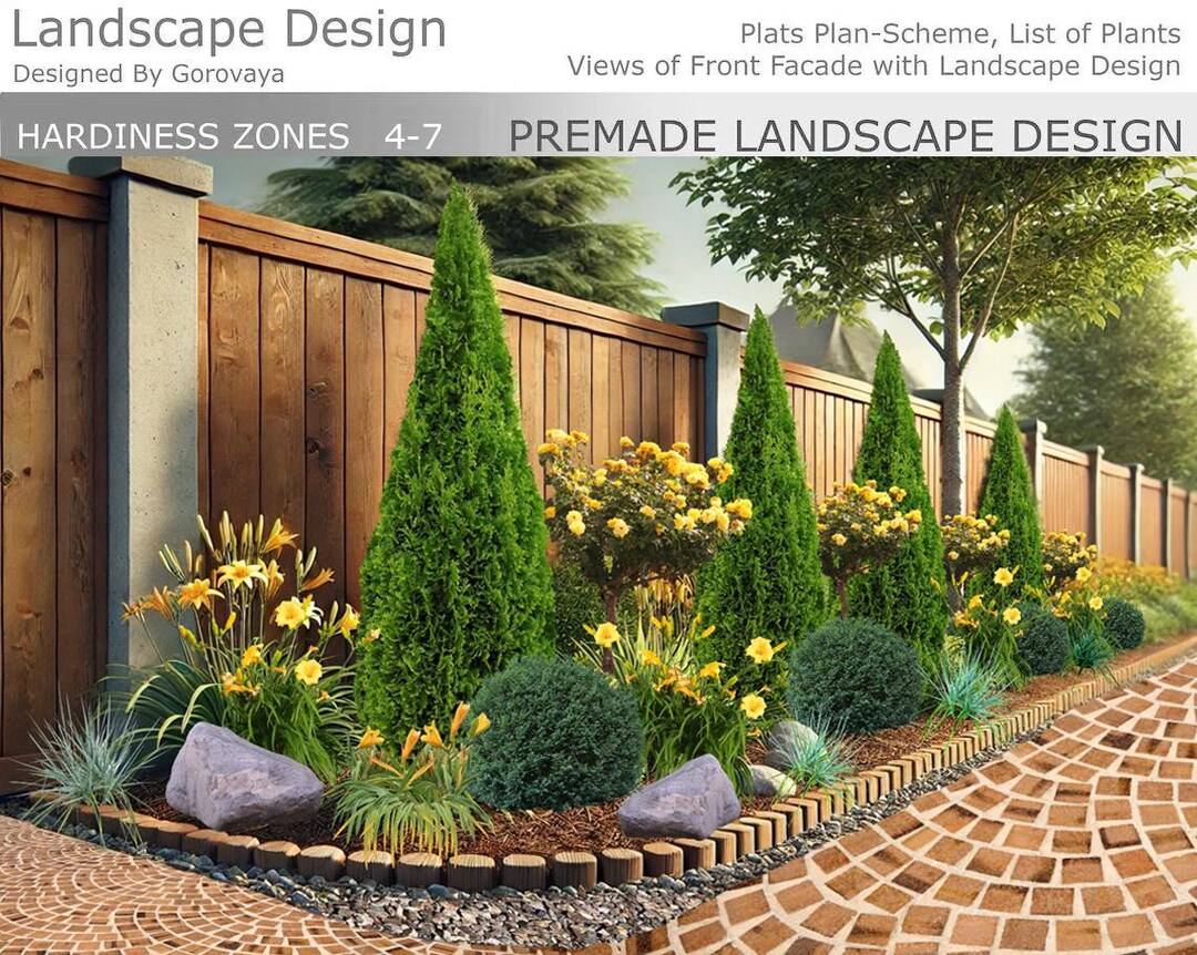 Premade Landscape Design, Landscape Fence Design, Zone 4-7 , Arborvitae ...