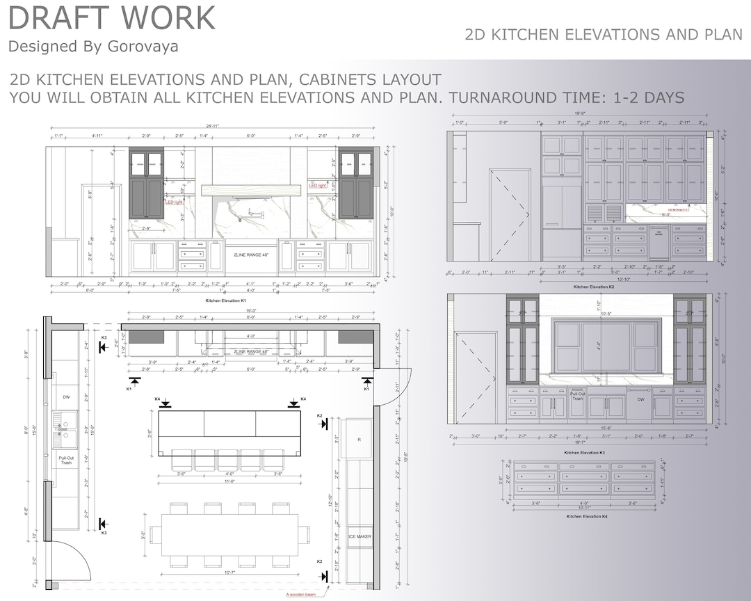 Complex Kitchen Cabinet Layout Draft, 2D Custom Kitchen Design, Cabinet ...