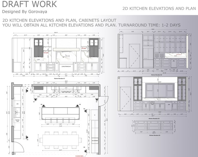 Kitchen Cabinet Layout Draft, 2D Custom Kitchen Design, Cabinet Layout ...