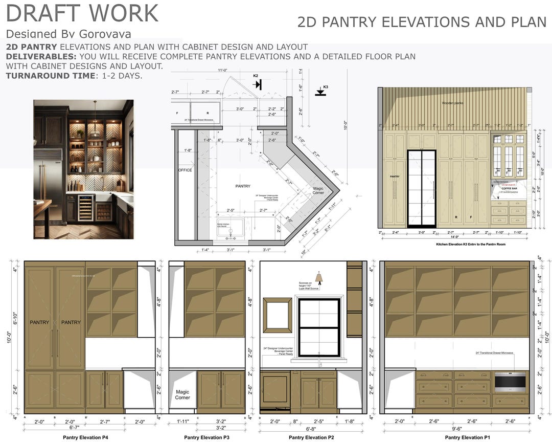 2D Pantry Room, 2D CAD Cabinet Design, Custom Draft, Bespoke Elevations ...