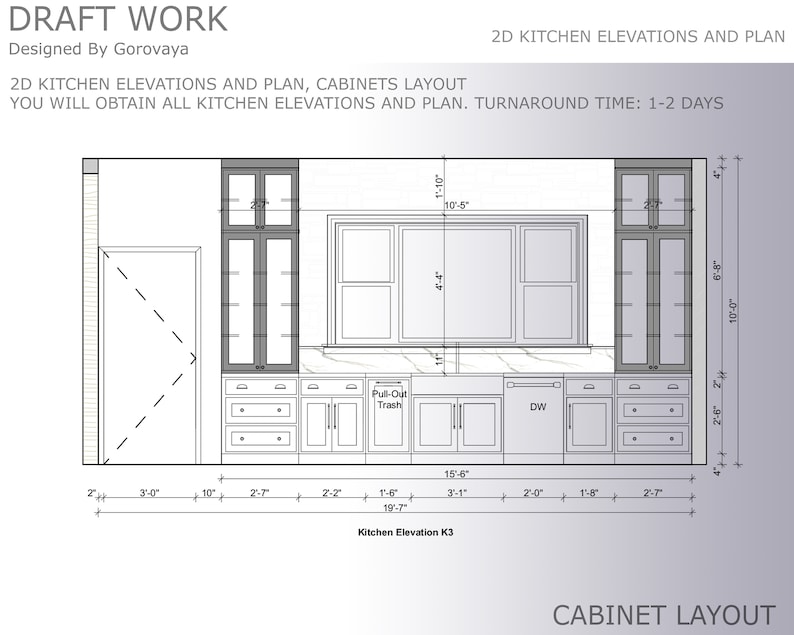 Complex Kitchen Cabinet Layout Draft, 2D Custom Kitchen Design, Cabinet ...