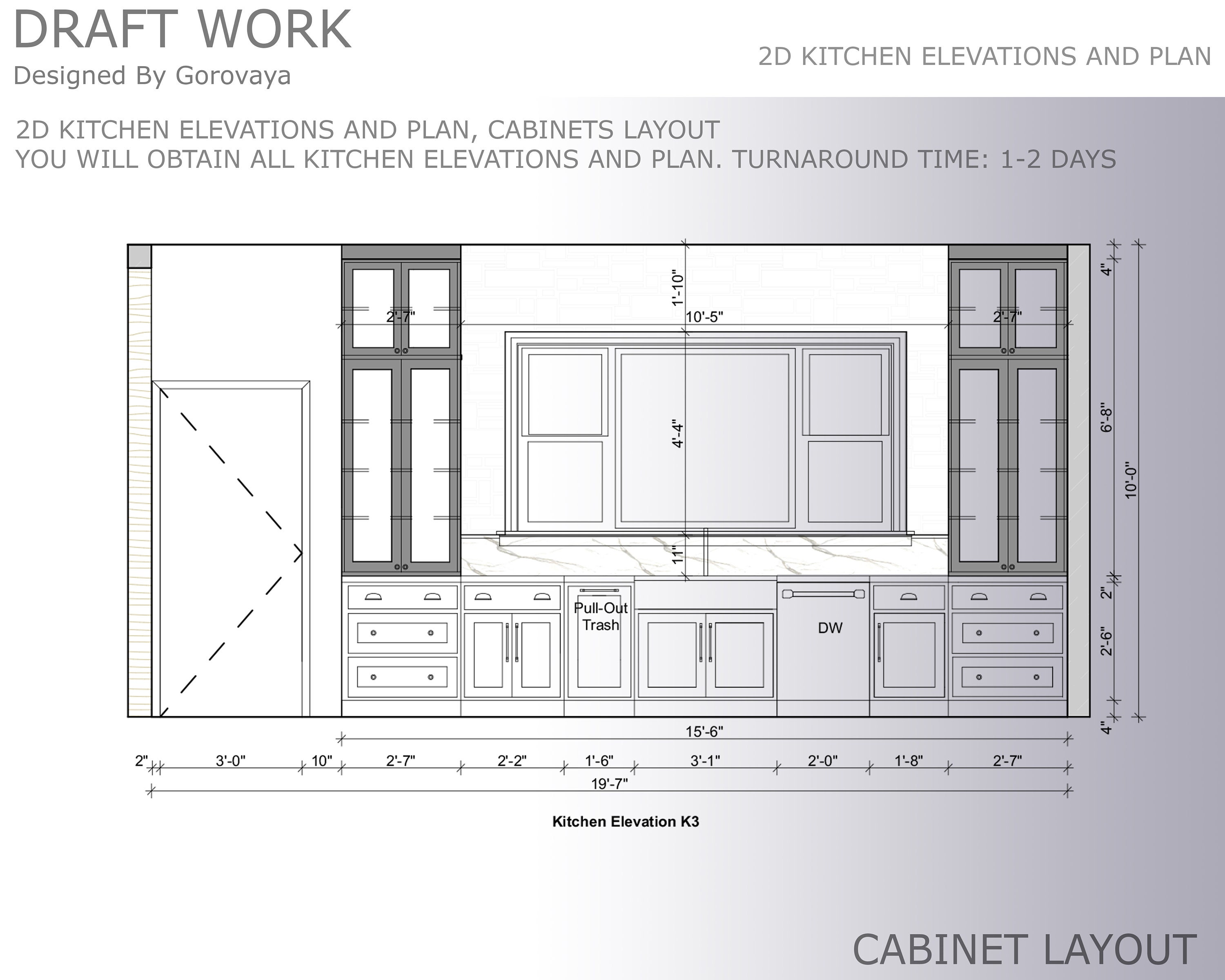 Complex Kitchen Cabinet Layout Draft, 2D Custom Kitchen Design, Cabinet ...