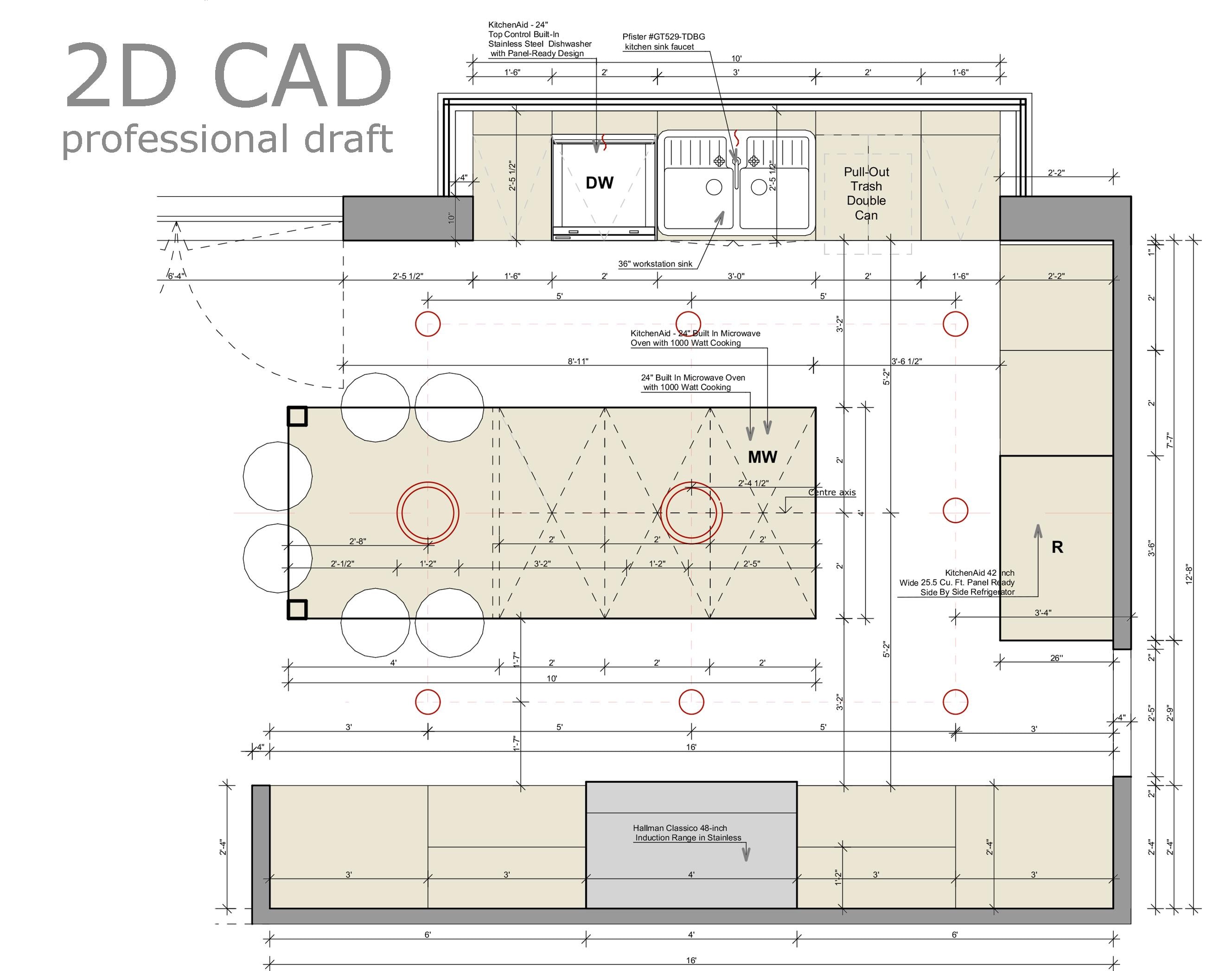 Complex Kitchen Cabinet Layout Draft, 2D Custom Kitchen Design, Cabinet ...