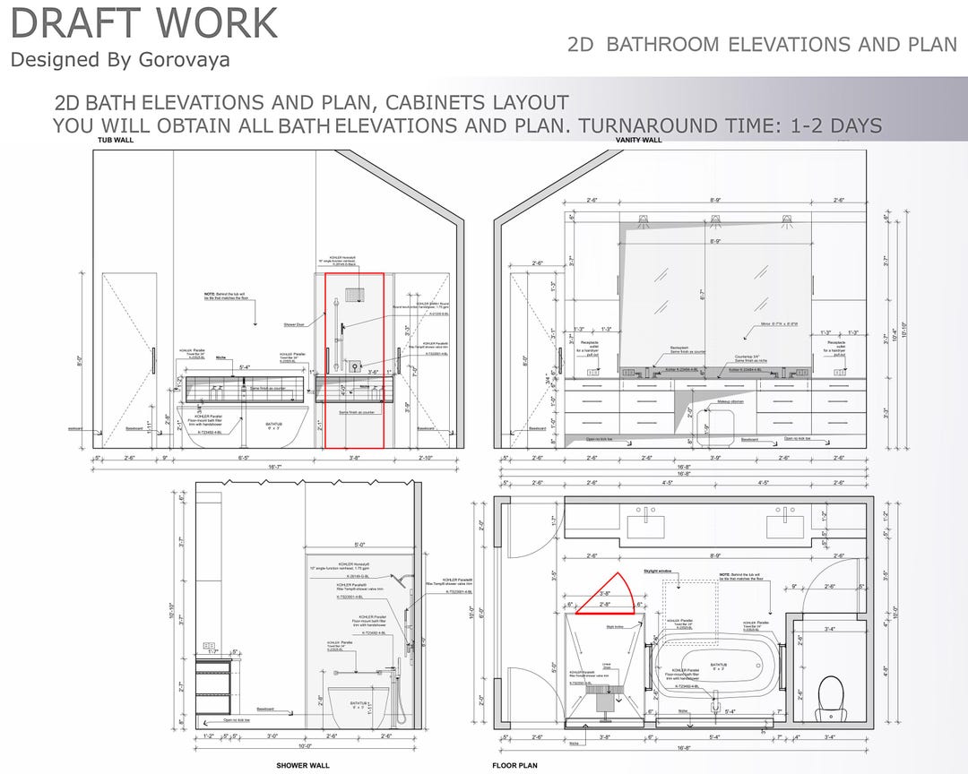 2D Master Bathroom Complex, 2D CAD Cabinet Design, Bathroom Custom Draft, Bath Elevations and ...