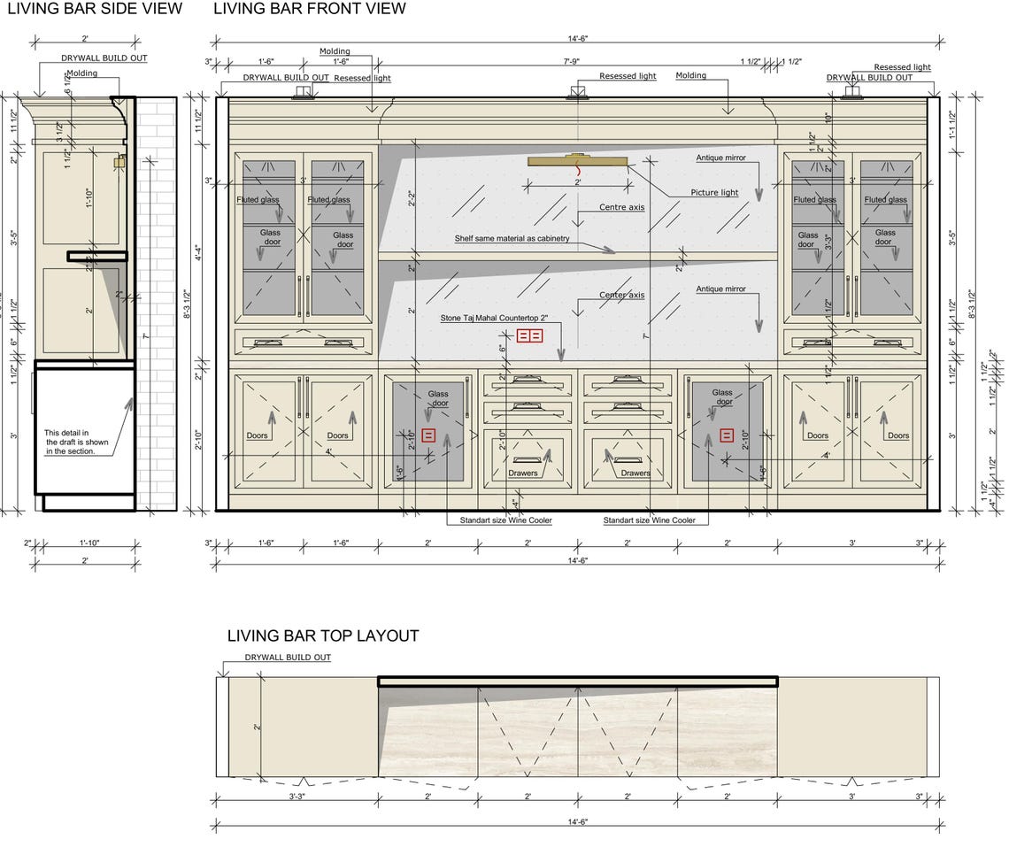 2D Bar Elevation, Kitchen Bar Area Draft, 2D Custom Bar Cabinet Set-up ...