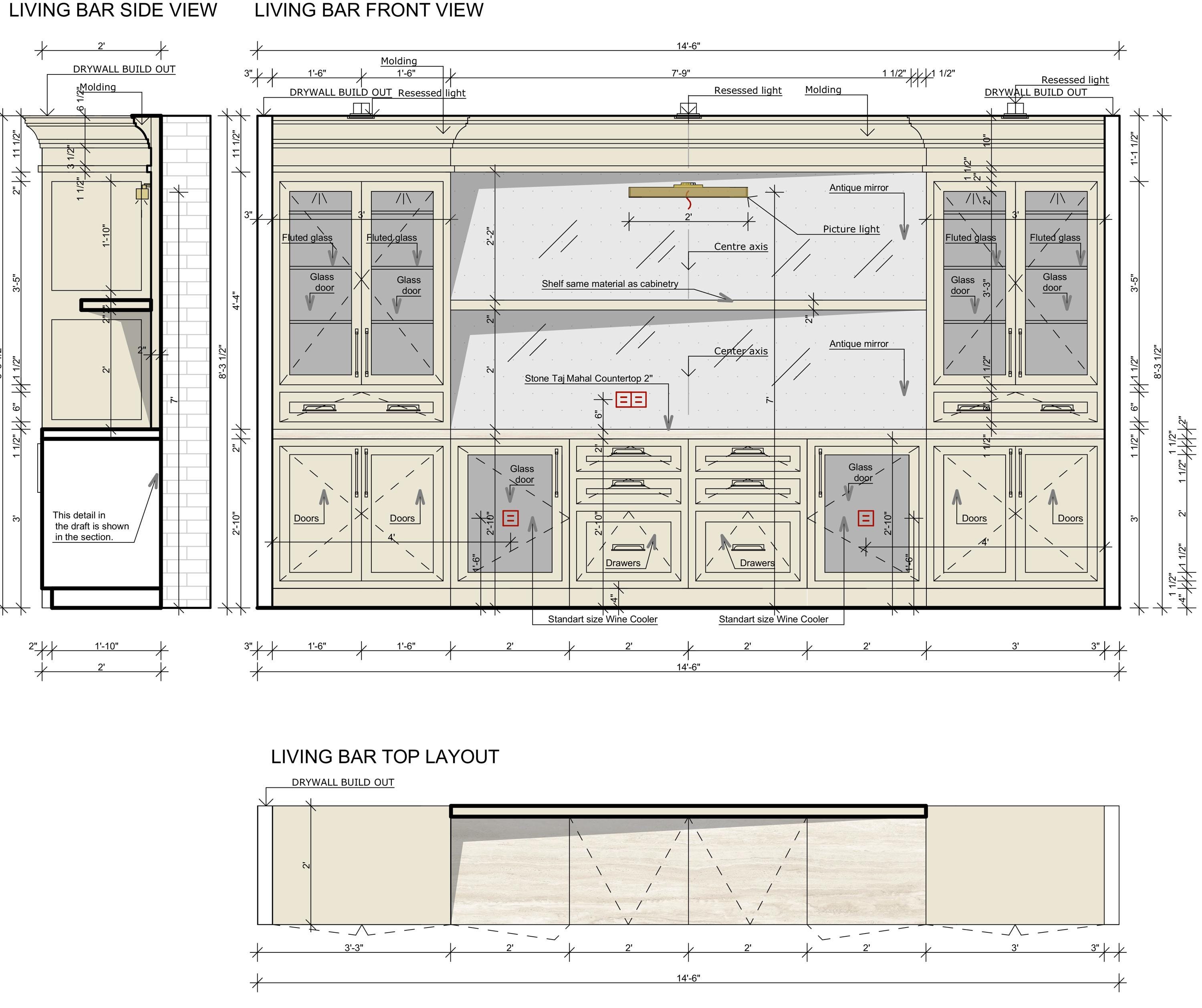 2D Bar Elevation, Kitchen Bar Area Draft, 2D Custom Bar Cabinet Set-up ...