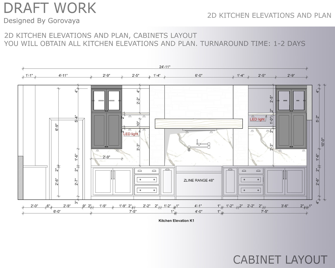 Complex Kitchen Cabinet Layout Draft, 2D Custom Kitchen Design, Cabinet ...