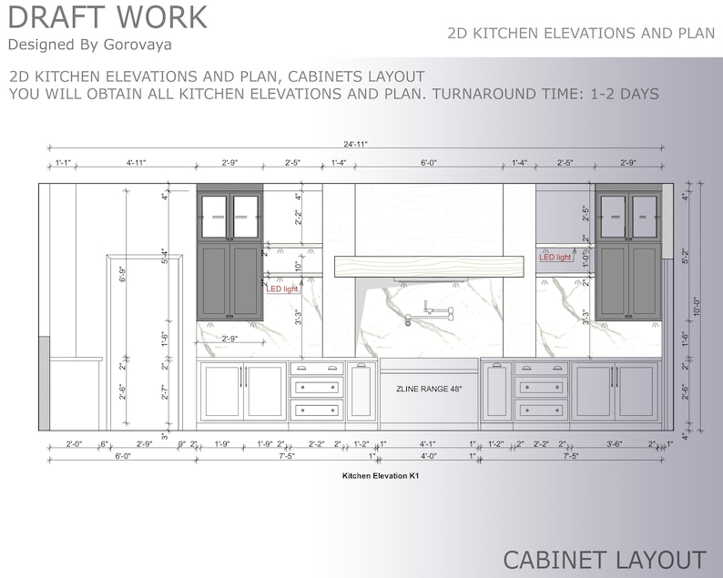 Complex Kitchen Cabinet Layout Draft, 2D Custom Kitchen Design, Cabinet ...