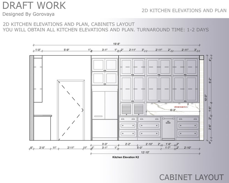 Complex Kitchen Cabinet Layout Draft, 2D Custom Kitchen Design, Cabinet ...