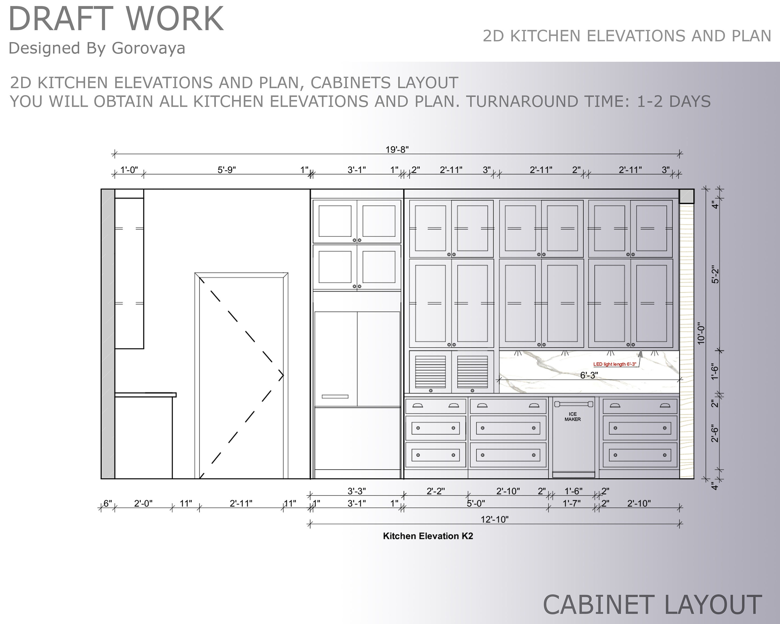 Complex Kitchen Cabinet Layout Draft, 2D Custom Kitchen Design, Cabinet ...