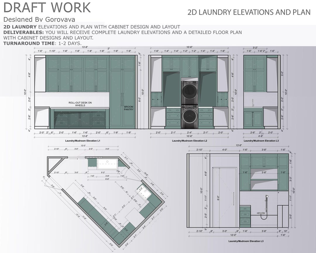 2D Laundry Room, 2D CAD Cabinet Design, Custom Draft, Bespoke ...