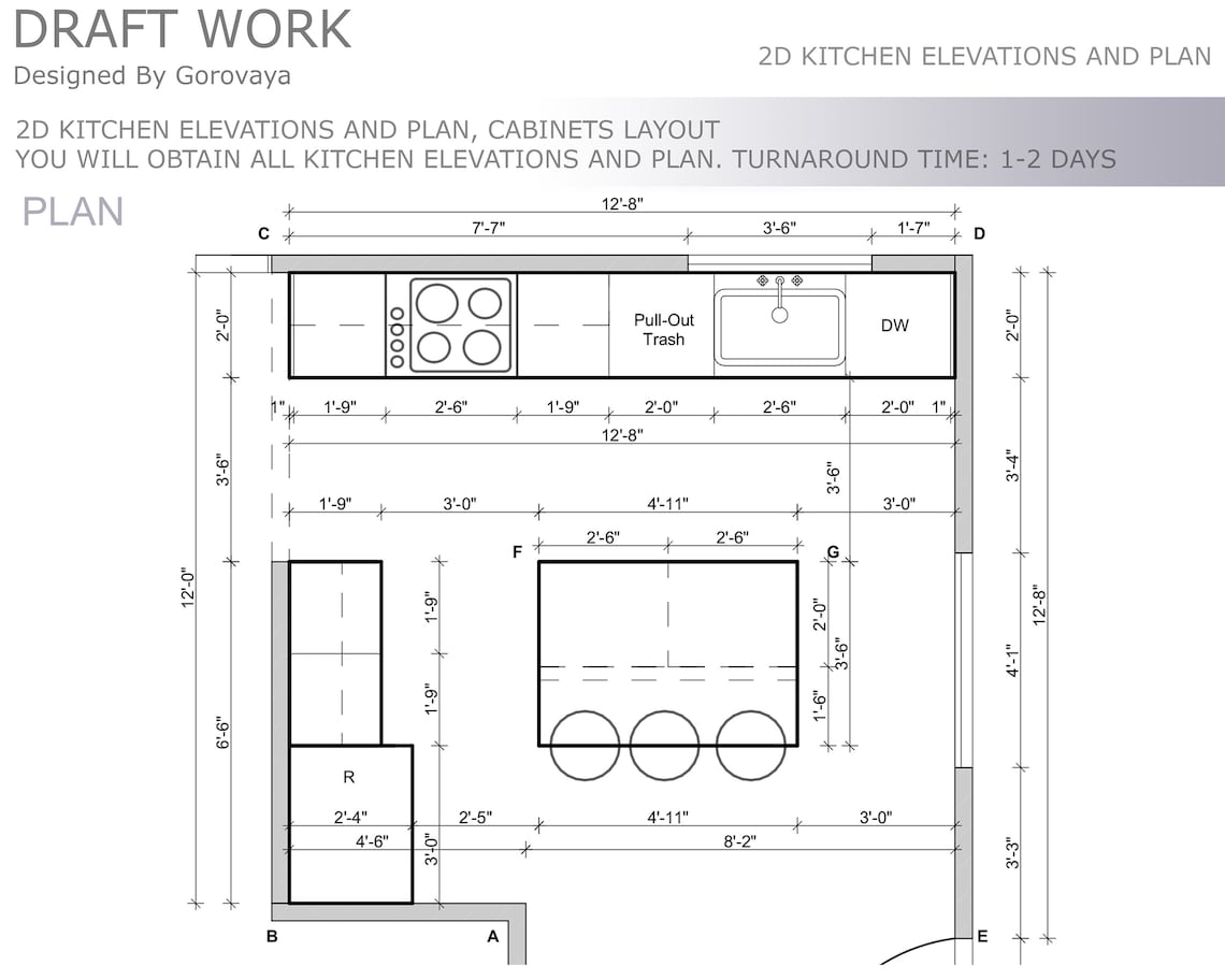 Kitchen Cabinet Layout Draft, 2D Custom Kitchen Design, Cabinet Layout ...