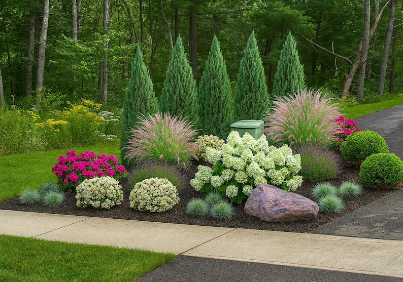 Premade Utility Box Landscaping Design | Corner Garden With Evergreens & Color | Perfect for ...