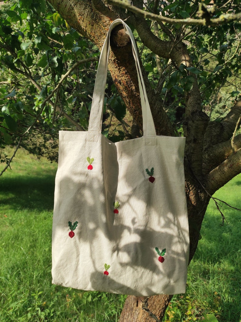 Vegetable Tote Bag Embroidered Beetroot Raddish Pattern, Large Bag ...