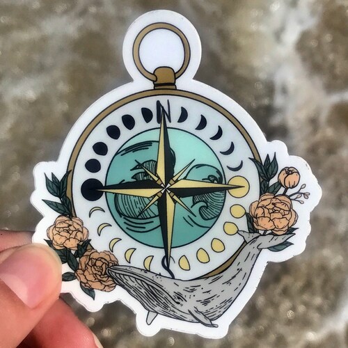 Moon Phases Compass With Whale and Flowers Sticker Ocean Sea - Etsy