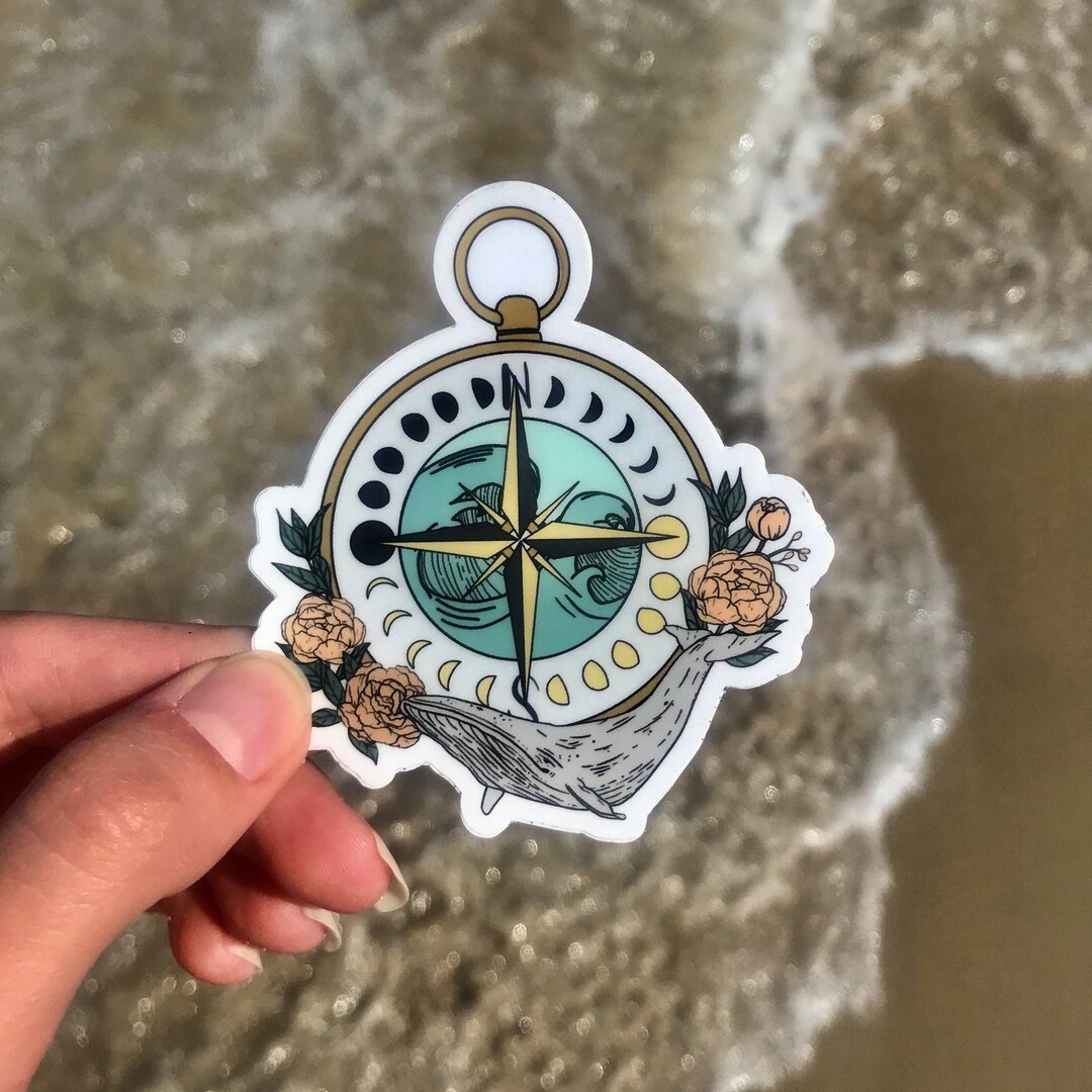 Moon Phases Compass With Whale and Flowers Sticker | Ocean Sea Beach ...
