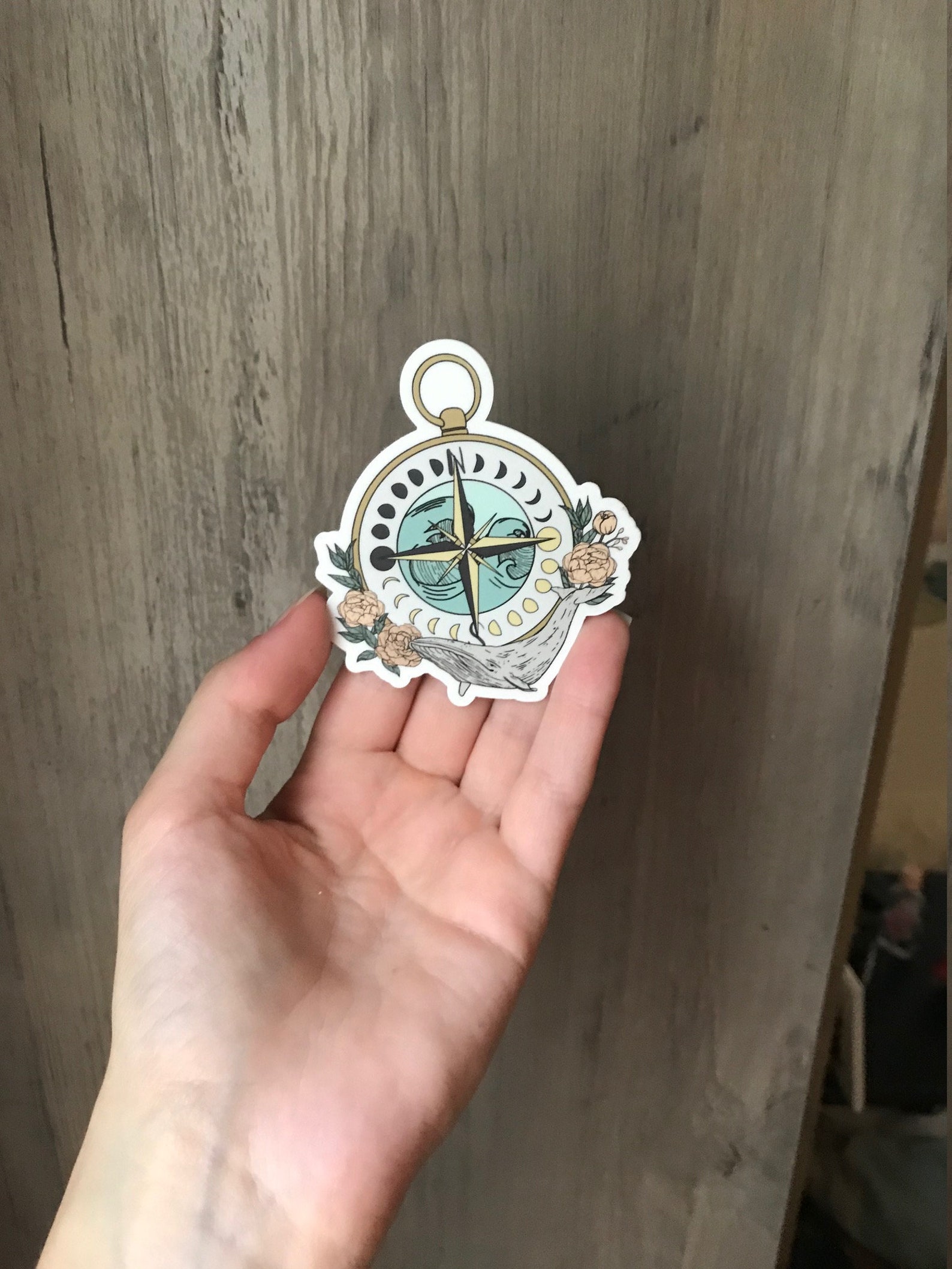 Moon Phases Compass With Whale and Flowers Sticker Ocean Sea | Etsy