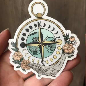 Moon Phases Compass With Whale and Flowers Sticker | Ocean Sea Beach ...