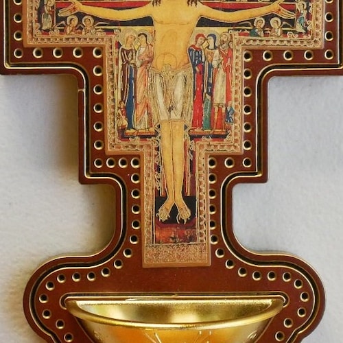 San Damiano Wood Cross Holy Water Font With Bronze Tone - Etsy