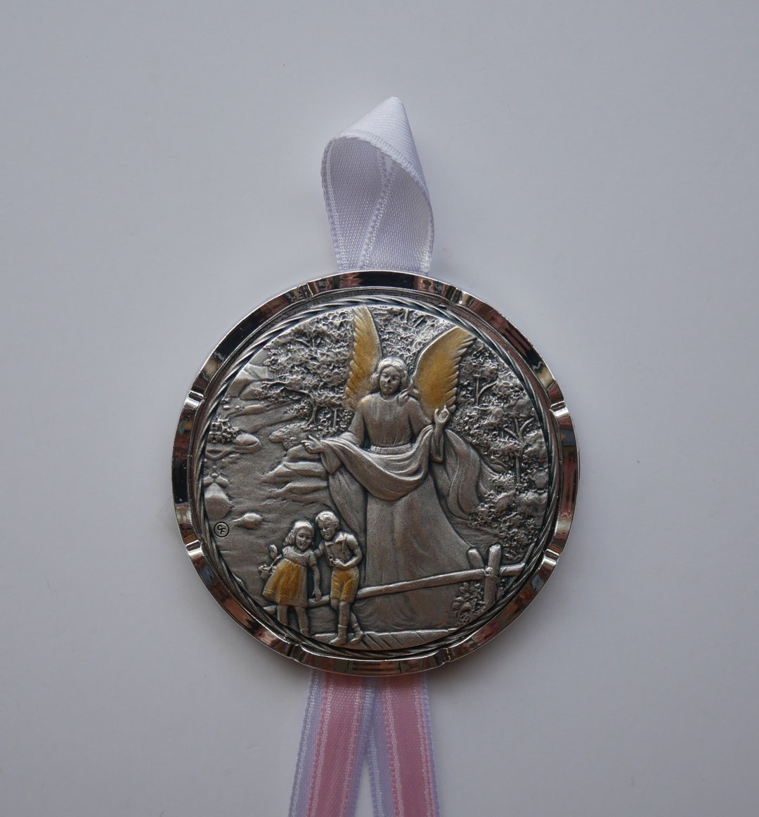 Guardian Angel Crib Medal With White and Pink Ribbons for Baby Girls - Etsy