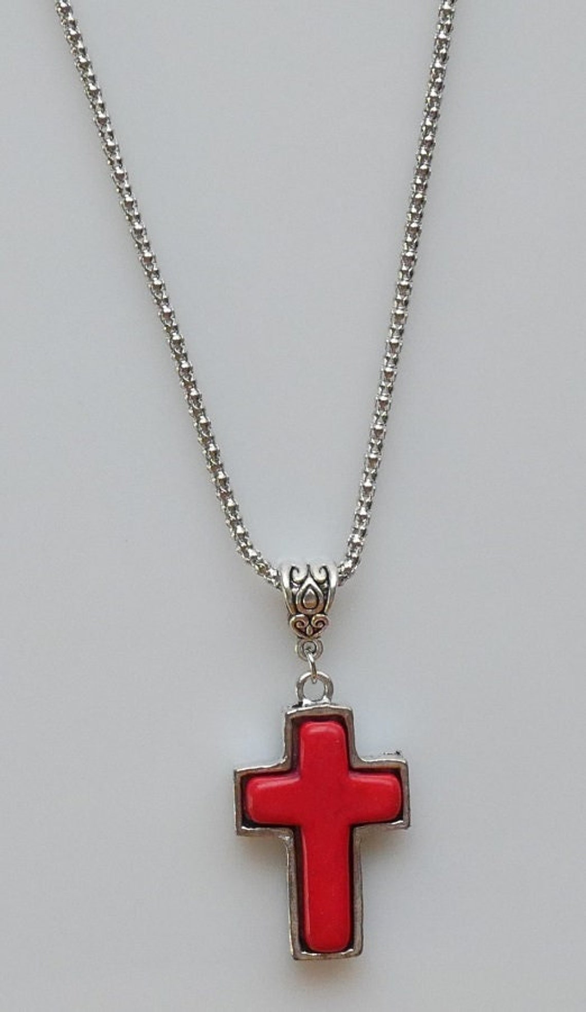 Silver Tone Chain Necklace With Red Stone Cross - Etsy