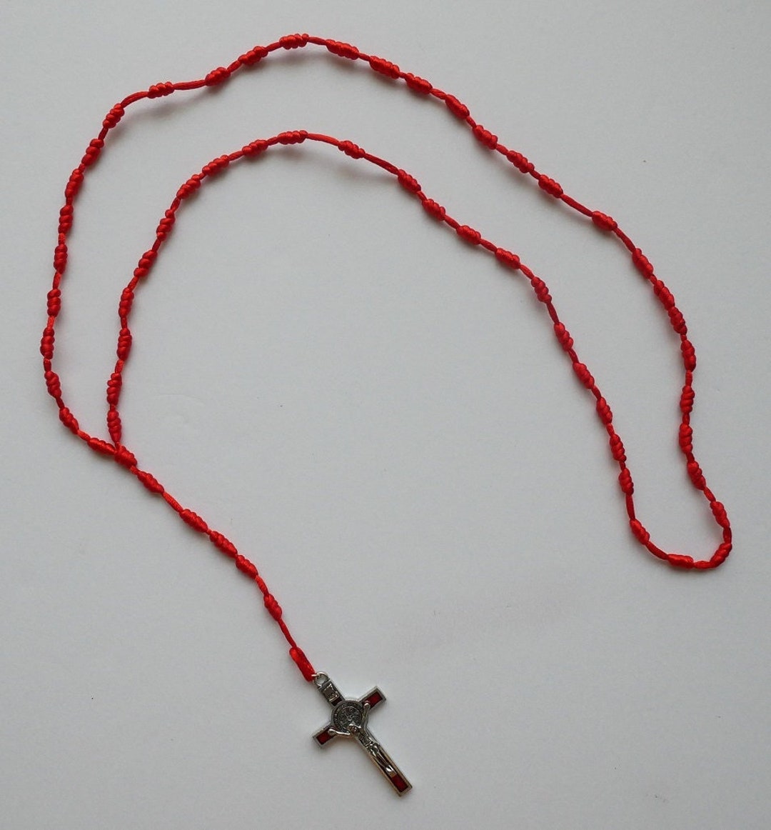 Quality Red Macrame Knotted Cord ROSARY With St Benedict 1-7/8 Crucifix ...