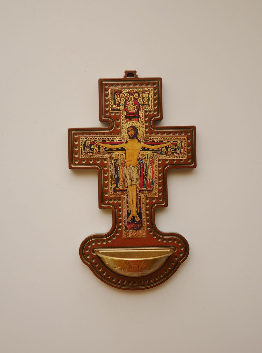 San Damiano Wood Cross Holy Water Font With Bronze Tone Receptacle - Etsy